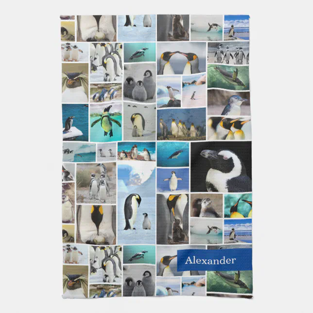 Cute Penguin Photo Collage Pattern with First Name Kitchen Towel | Zazzle