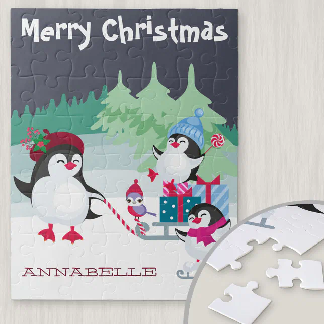 Cute Penguin Snow Scene - Merry Christmas Kids Jigsaw Puzzle | Zazzle