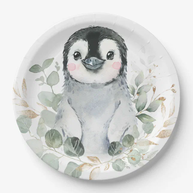 Cute Penguin Winter Onederland Greenery Gold Party Paper Plates | Zazzle
