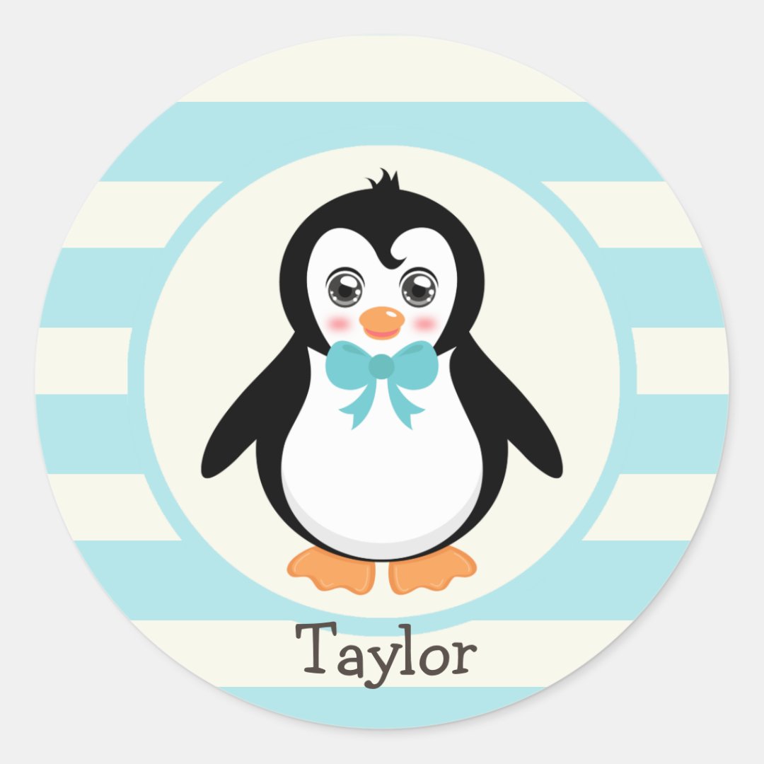 Cute Penguin with Turquoise Bowtie Classic Round Sticker | Zazzle
