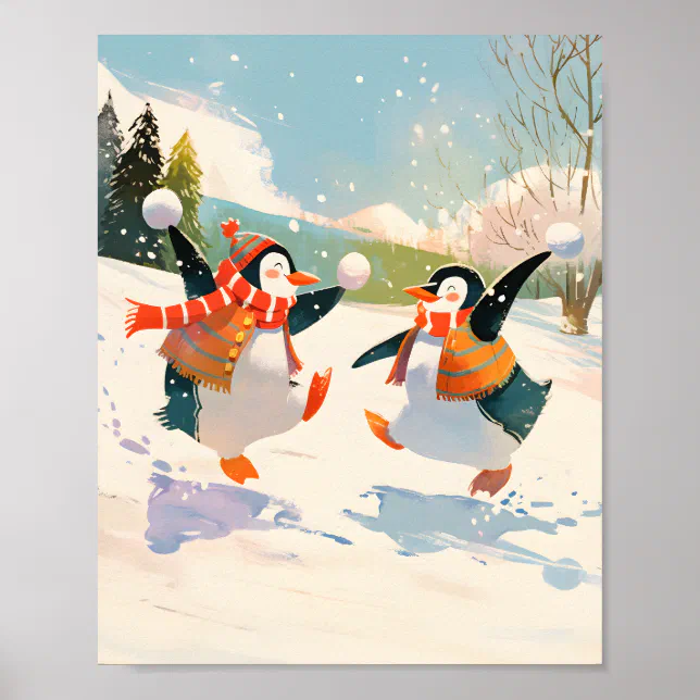 Cute Penguins Playing in Snow Watercolor Nursery Poster | Zazzle