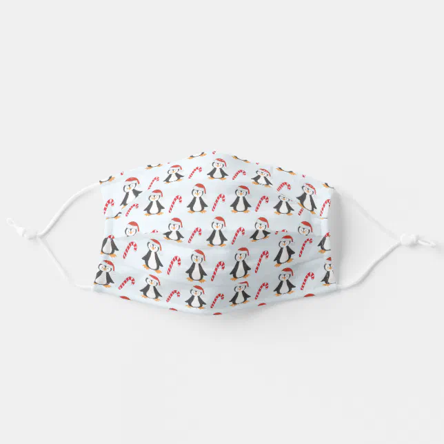 Cute Penguins Santa Hats Candy Canes Winter Adult Cloth Face Mask | Zazzle