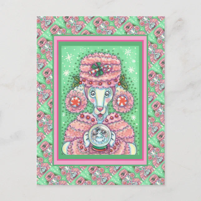 CUTE PEPPERMINT PINK POODLE AND SNOWGLOBE SNOWMAN POSTCARD | Zazzle