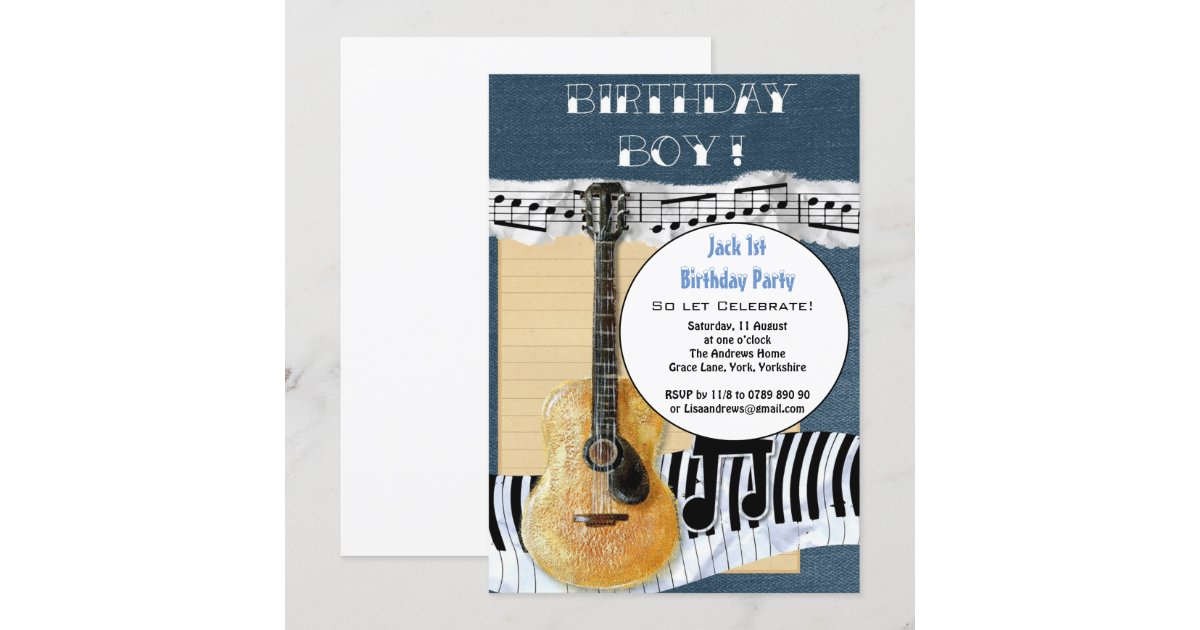 Cute Personalised 1st Birthday Boy Party Guitar Invitation | Zazzle