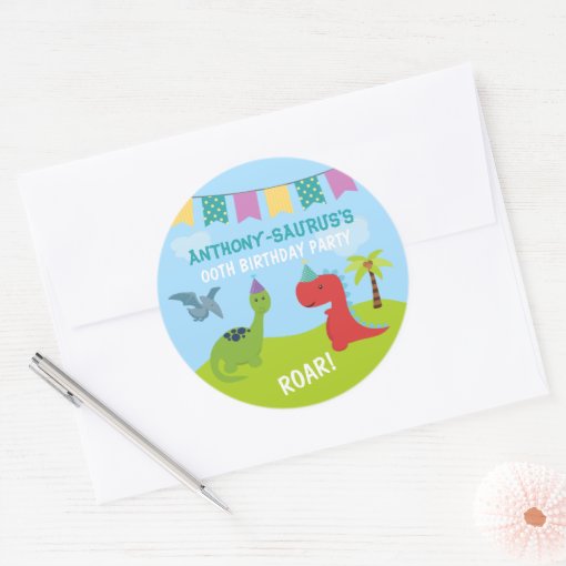 Cute Personalised Dinosaur themed Party Classic Round Sticker | Zazzle