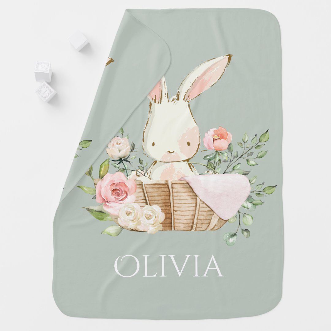 Cute Personalized Bunny Rabbit Sage Green Baby Blanket | Zazzle