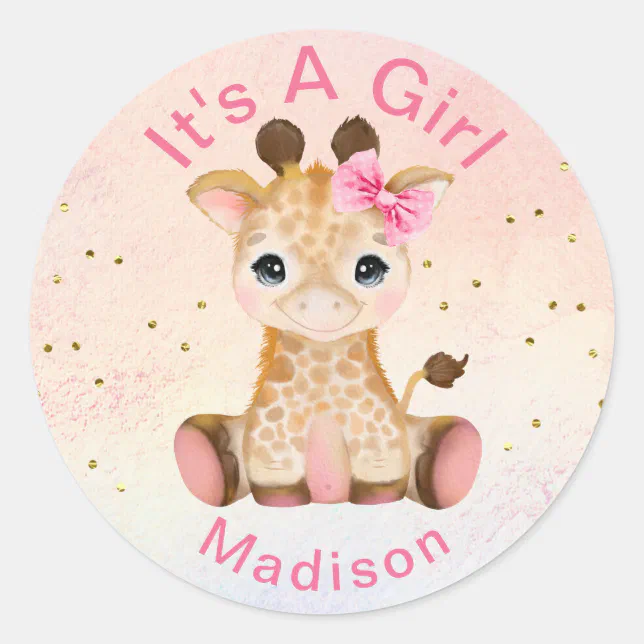Cute Personalized Girls Pink Baby Giraffe Sticker | Zazzle