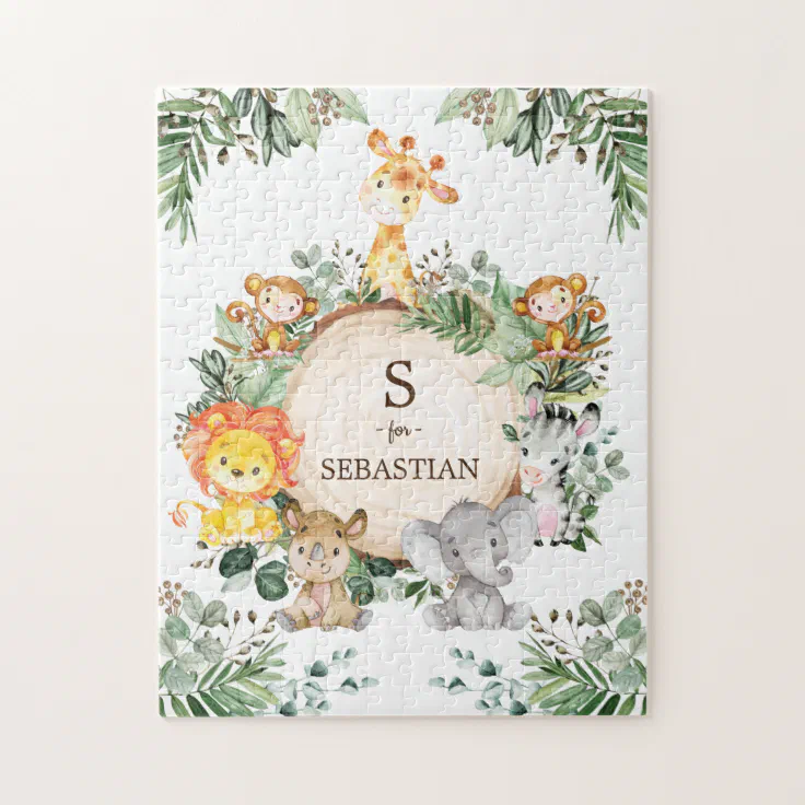 Cute Personalized Jungle Safari Animals Monogram Jigsaw Puzzle | Zazzle