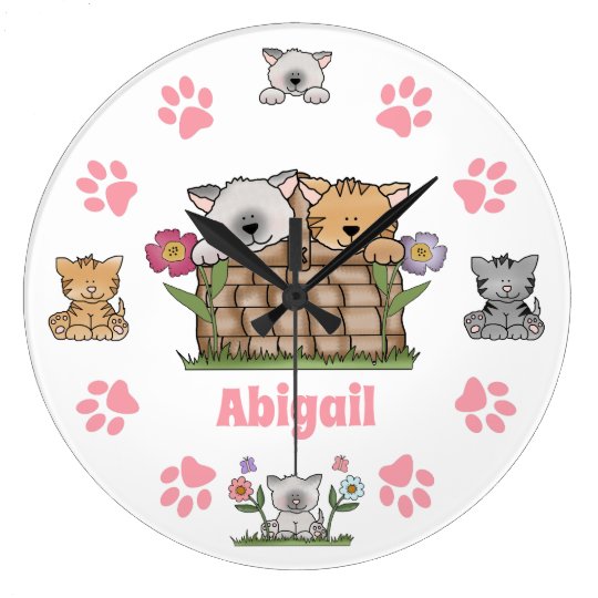 Cute Personalized Kittens, Cats and Paw Prints Large Clock | Zazzle.com