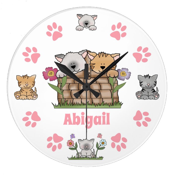 Cute Personalized Kittens, Cats and Paw Prints Large Clock | Zazzle.com