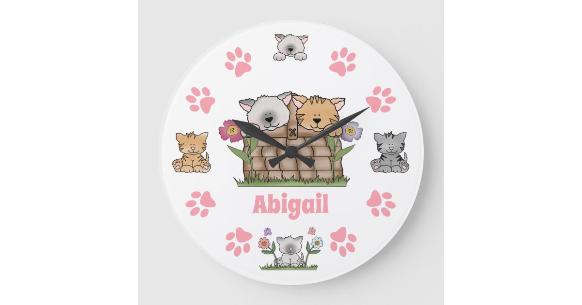 Cute Personalized Kittens, Cats and Paw Prints Large Clock | Zazzle