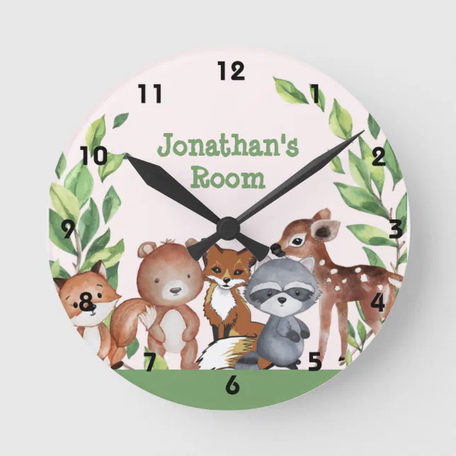 Cute Personalized Woodland Animals Round Clock | Zazzle