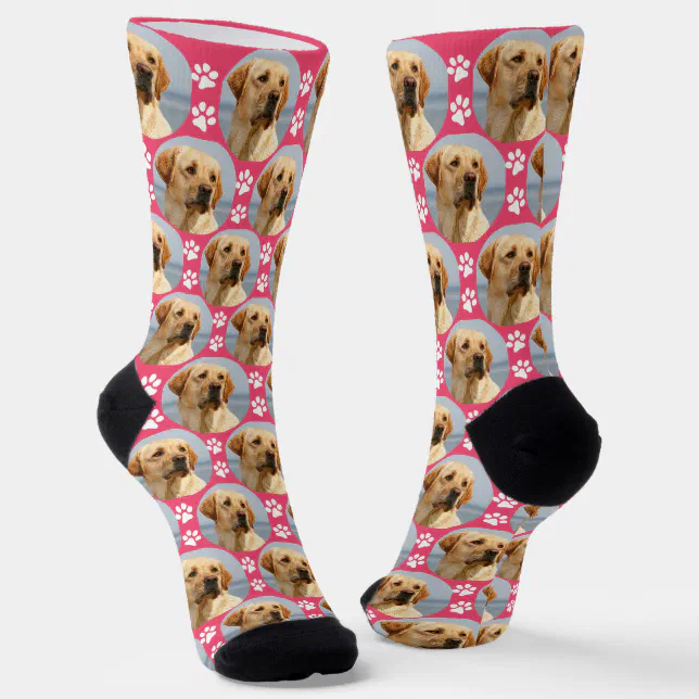 Cute Pet Photo Paw Prints Custom Pink Novelty Dog Socks | Zazzle