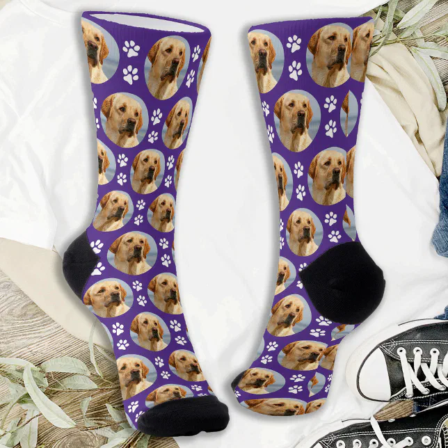 Cute Pet Photo Paw Prints Custom Purple Dog Face Socks | Zazzle