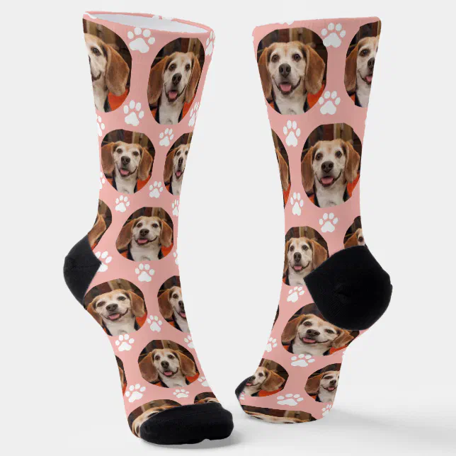 Cute Pet Photo Rose Gold Paw Prints Custom Socks | Zazzle