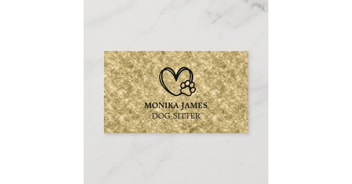Cute Pet Sitting Heart Dog Paws Logo Gold Glitter Business Card | Zazzle