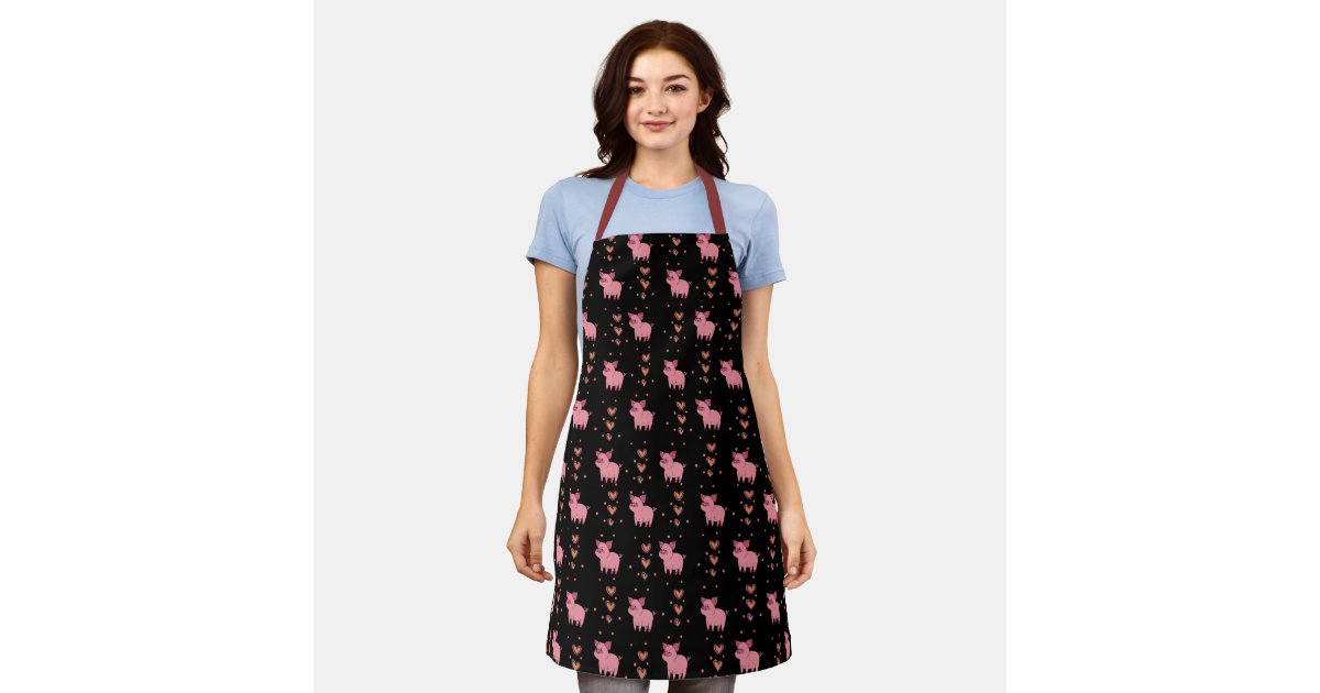 Cute Pig Piggy Pattern with Pink Hearts Black Apron | Zazzle