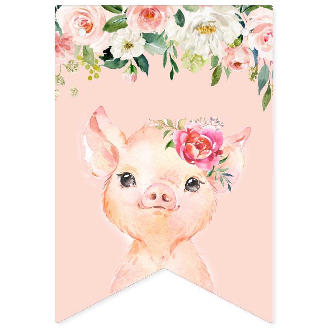 Cute Pig with Blush Pink Flowers Happy Birthday Bunting Flags | Zazzle