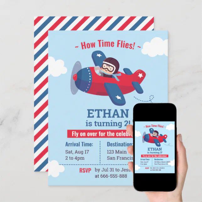 Cute Pilot Propeller Airplane Boys Birthday Party Invitation | Zazzle