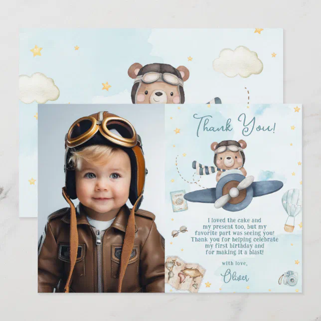 Cute Pilot Teddy Bear Blue Plane Birthday Photo Thank You Card | Zazzle