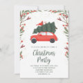 Cute Pine Tree & Red Car Snowy Christmas Party Invitation | Zazzle