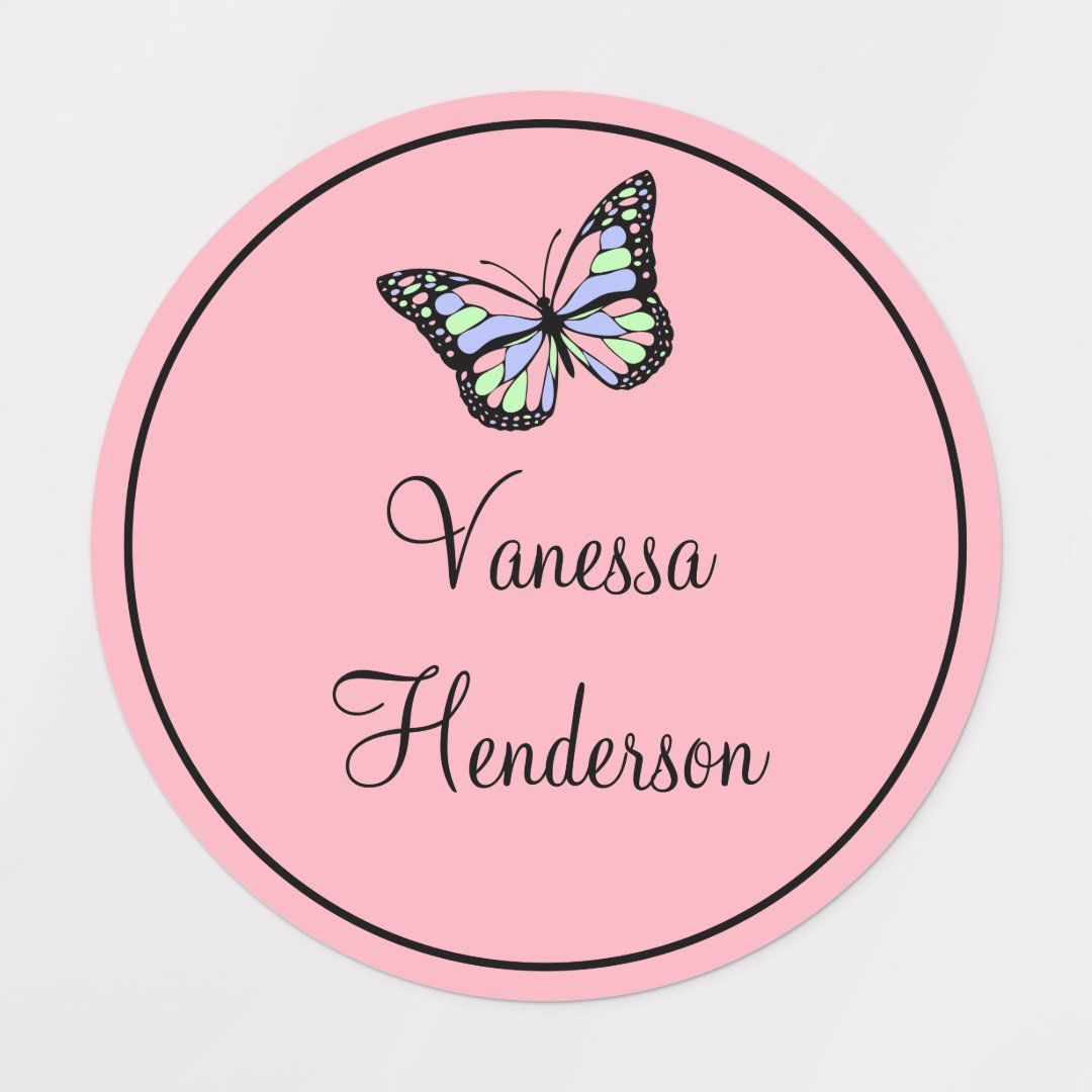Cute Pink and Black with Name & Butterfly Kids' Labels | Zazzle