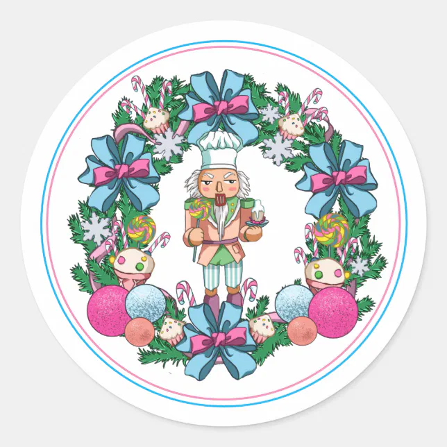 Cute Pink And Blue Christmas Nutcracker Wreath Classic Round Sticker ...