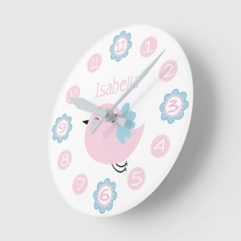Cute Pink and Blue Flower and Bird Custom Round Clock | Zazzle