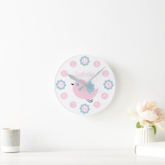 Cute Pink and Blue Flower and Bird Custom Round Clock | Zazzle