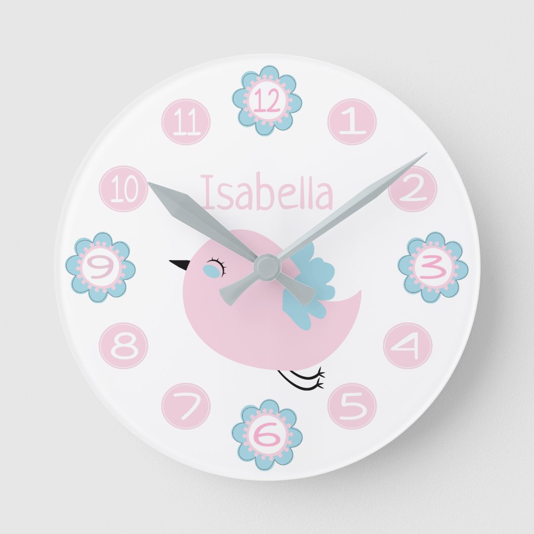 Cute Pink and Blue Flower and Bird Custom Round Clock | Zazzle
