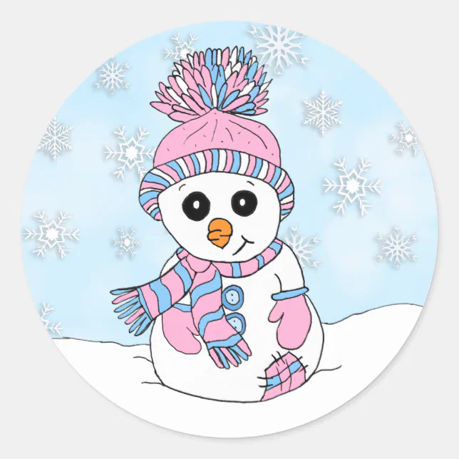 Cute pink and blue Snowman and Snowflake Christmas Classic Round ...