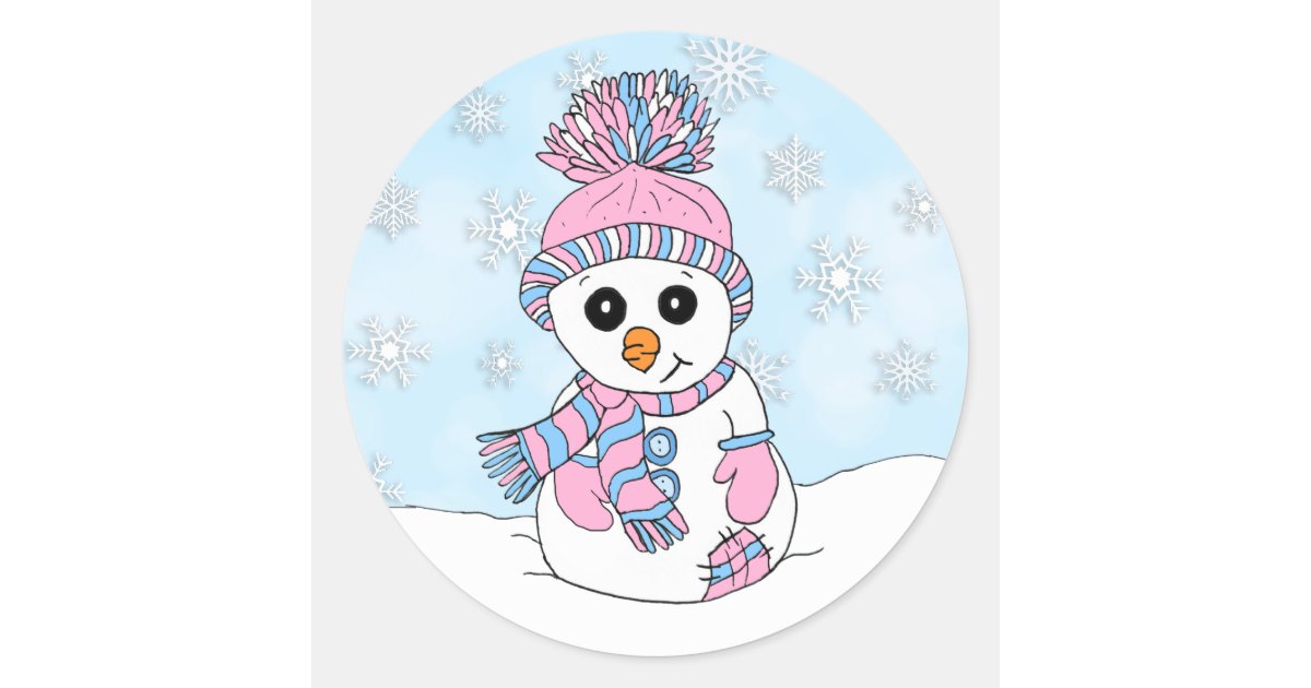 Cute pink and blue Snowman and Snowflake Christmas Classic Round ...