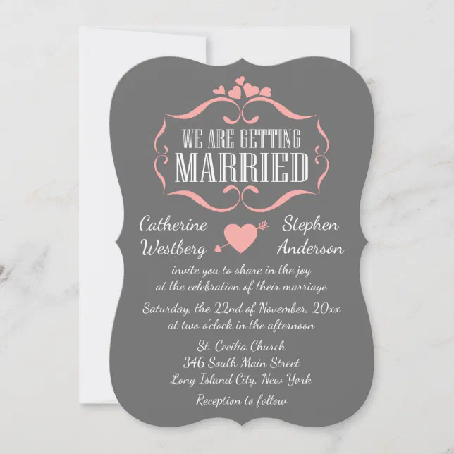 Cute Pink And Gray Wedding Hearts - Grey Invitation | Zazzle