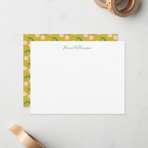 Cute Pink and Green Cherry Fruit Personalized Name Note Card | Zazzle