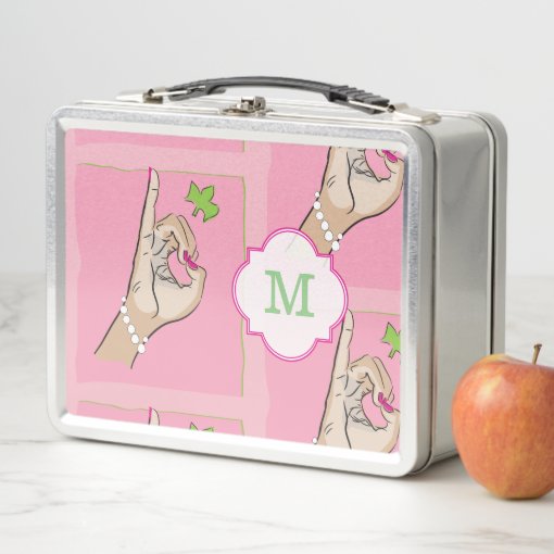 Cute pink and green metal lunch box | Zazzle