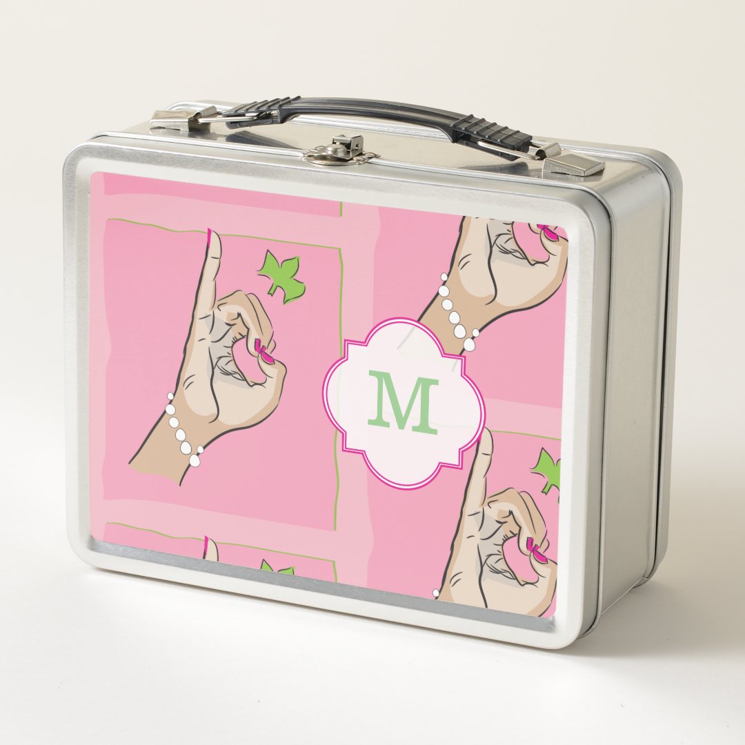 Cute pink and green metal lunch box | Zazzle