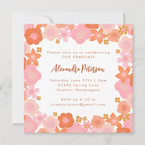 Cute Pink and Orange Floral Border Graduation Invitation | Zazzle