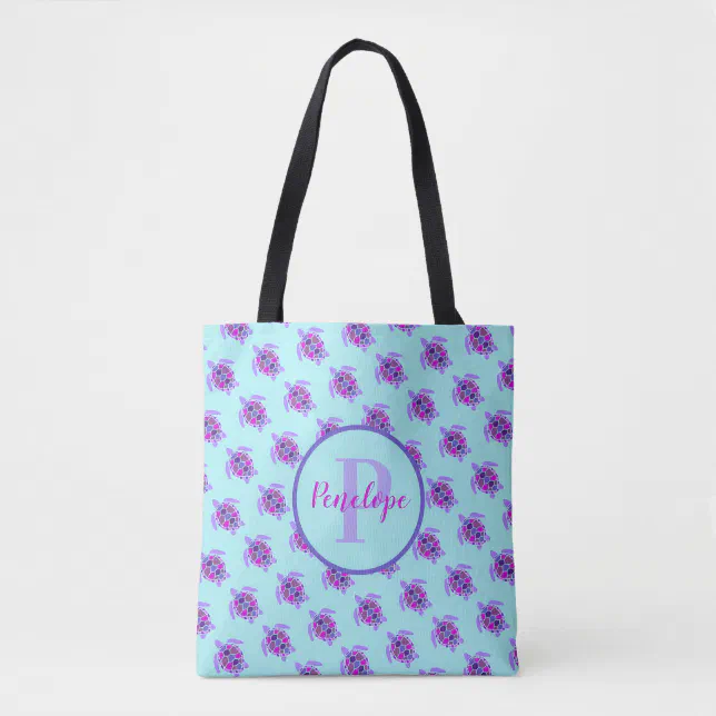 Cute Pink and Purple Sea Turtle Pattern Monogram Tote Bag | Zazzle