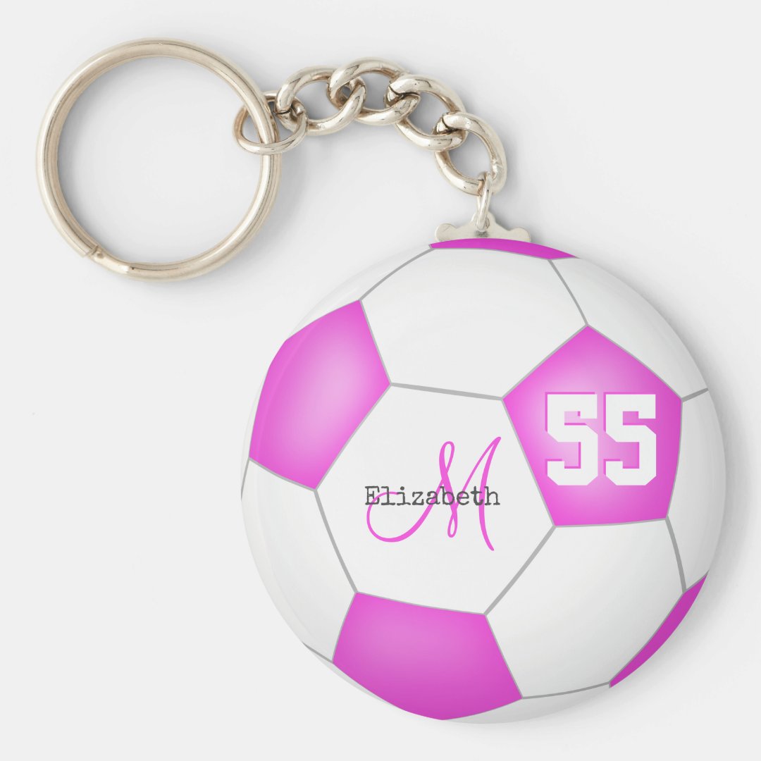 cute pink and white girls' soccer keychain | Zazzle