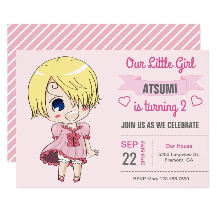 Cute Pink Anime Girl Birthday Party Invitation | Zazzle.com