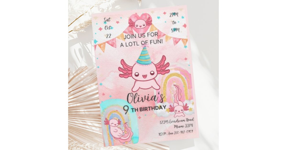 Cute Pink Axolotl Birthday Party Invitation | Zazzle