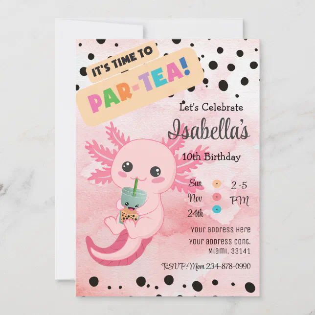 Cute Pink Axolotl Boba Tea Birthday Invitation | Zazzle