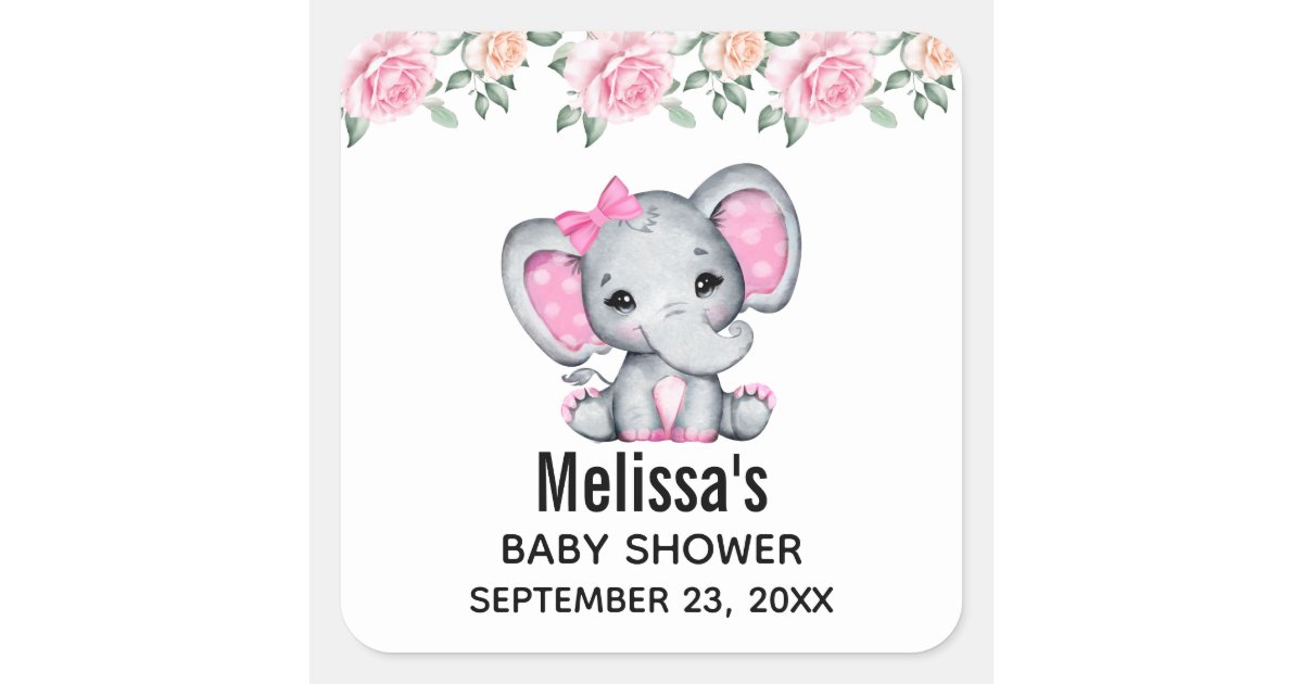 Cute Pink Baby Elephant and Roses Border Square Sticker | Zazzle