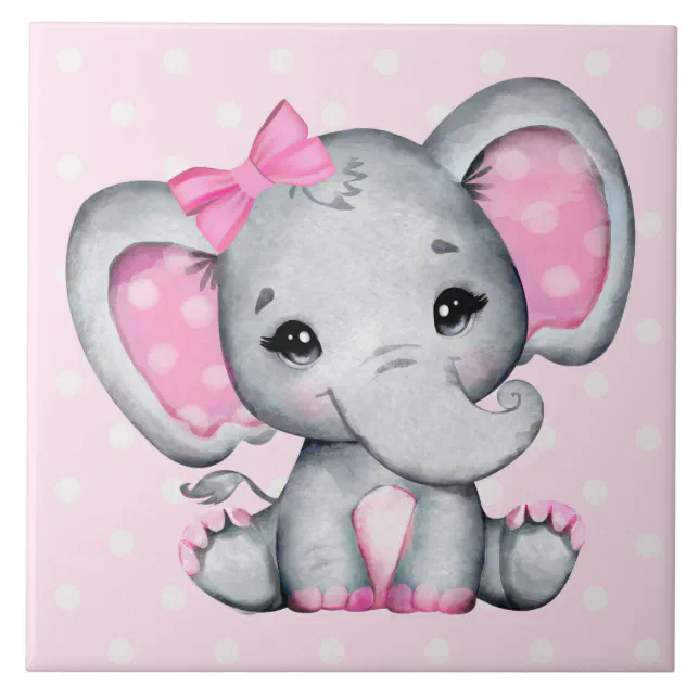 Cute Pink Baby Elephant with Polka Dot Ears Ceramic Tile | Zazzle