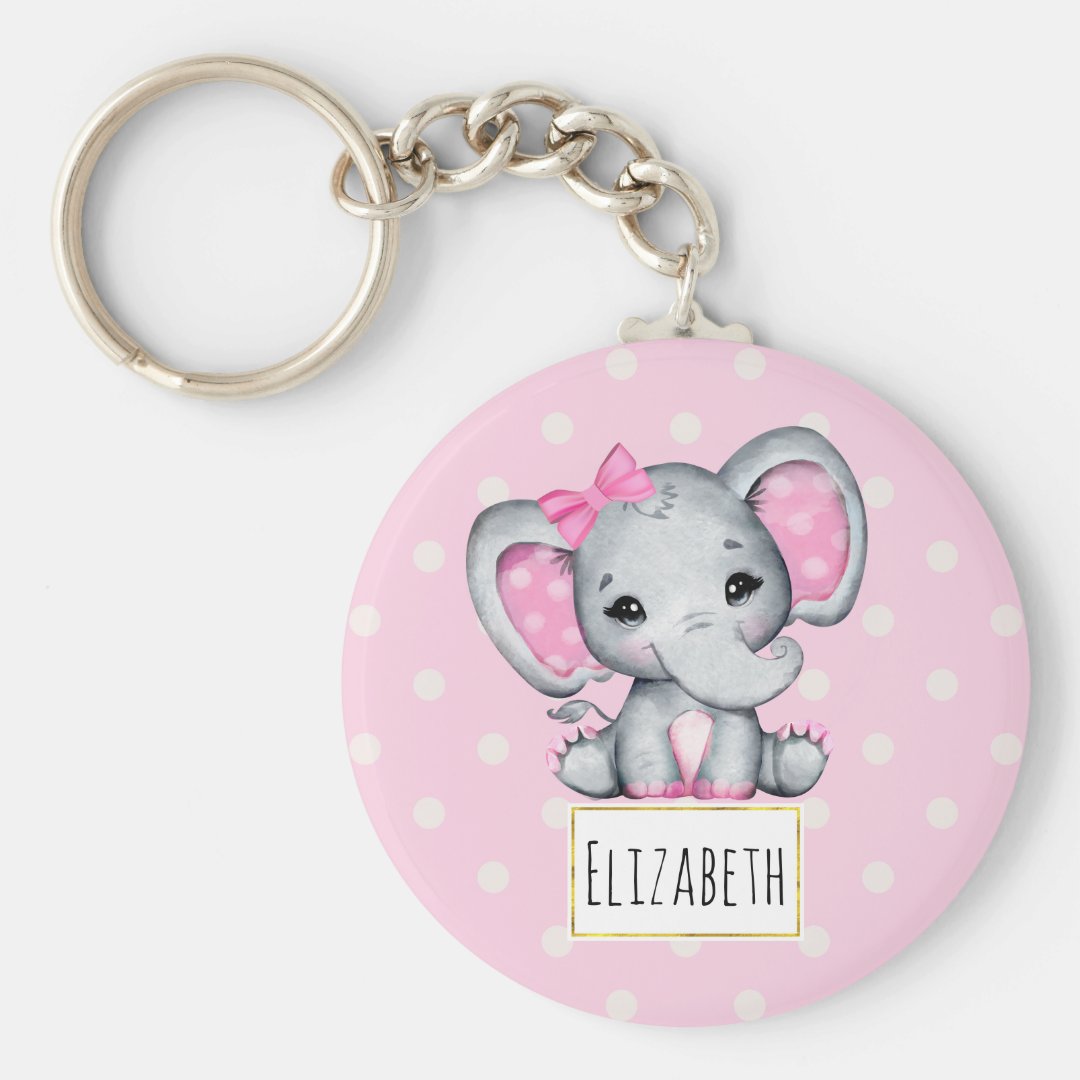 Cute Pink Baby Elephant with Polka Dot Ears Keychain | Zazzle