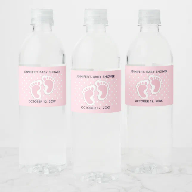 Cute Pink baby Girl Footprints Baby Shower Water Bottle Label | Zazzle