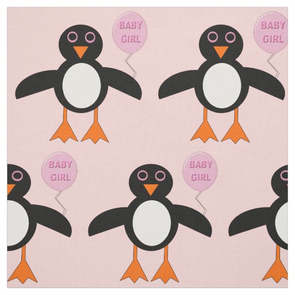 Cute Baby Penguins with Pink Flowers Fabric | Zazzle