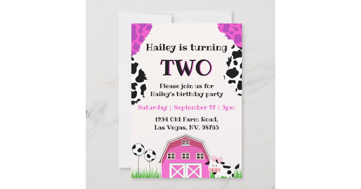Cute Pink Barnyard Cow print Custom Age Birthday Invitation | Zazzle