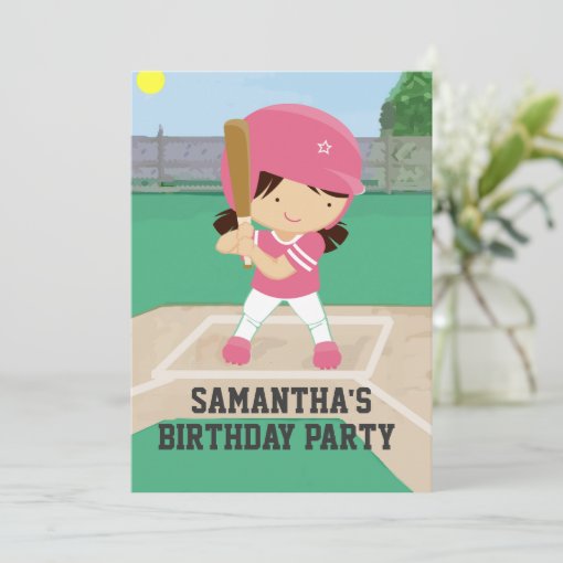 Cute Pink Baseball Girl Birthday Party Invitation | Zazzle