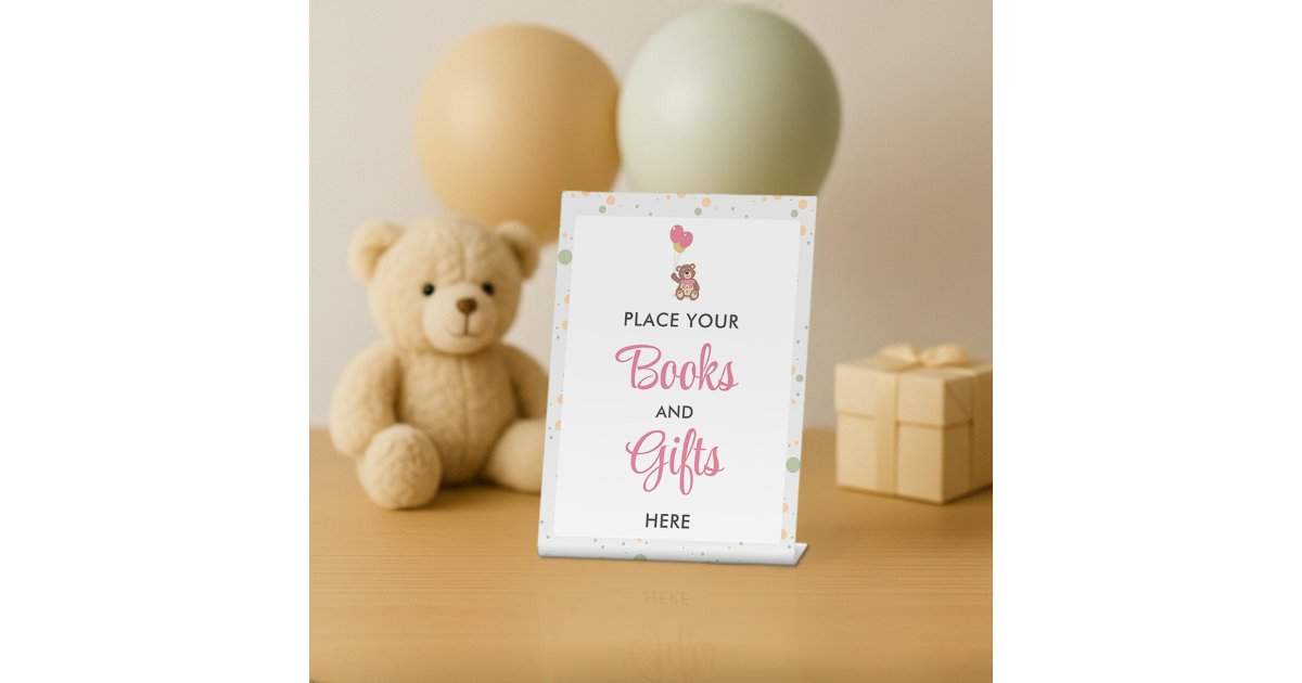 Cute Pink Bear Cub Girl Baby Shower Gift Table Pedestal Sign | Zazzle